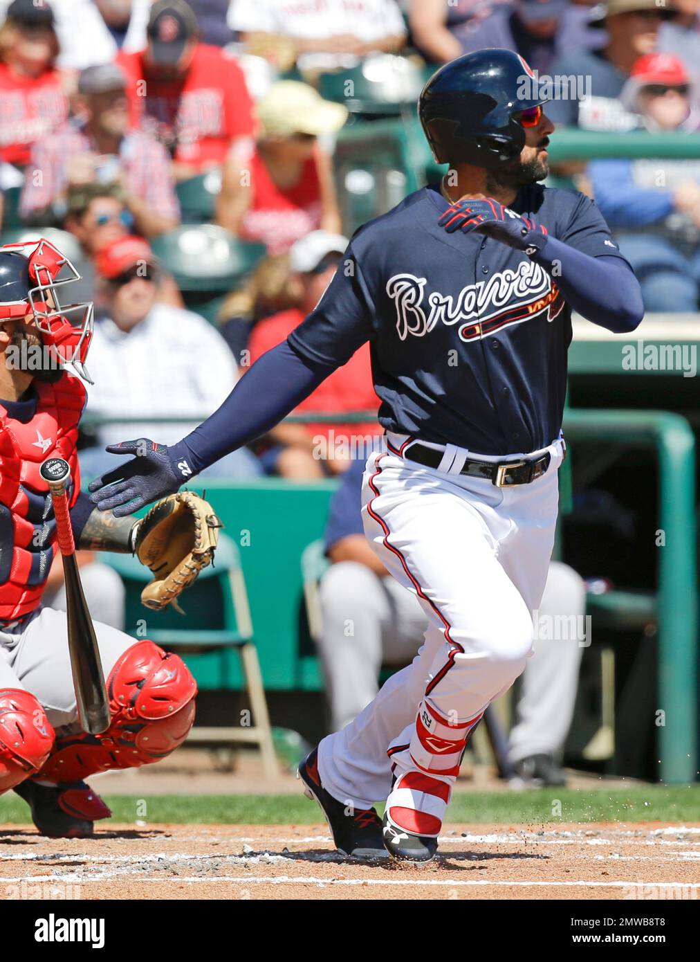 Atlanta Braves' Nick Markakis hits a double in the second inning in a ...