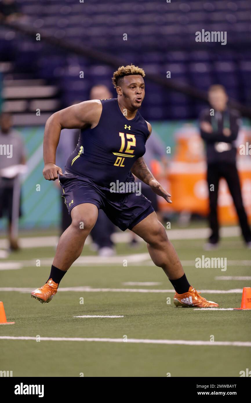 Temple offensive lineman Dion Dawkins runs a drill at the NFL football ...
