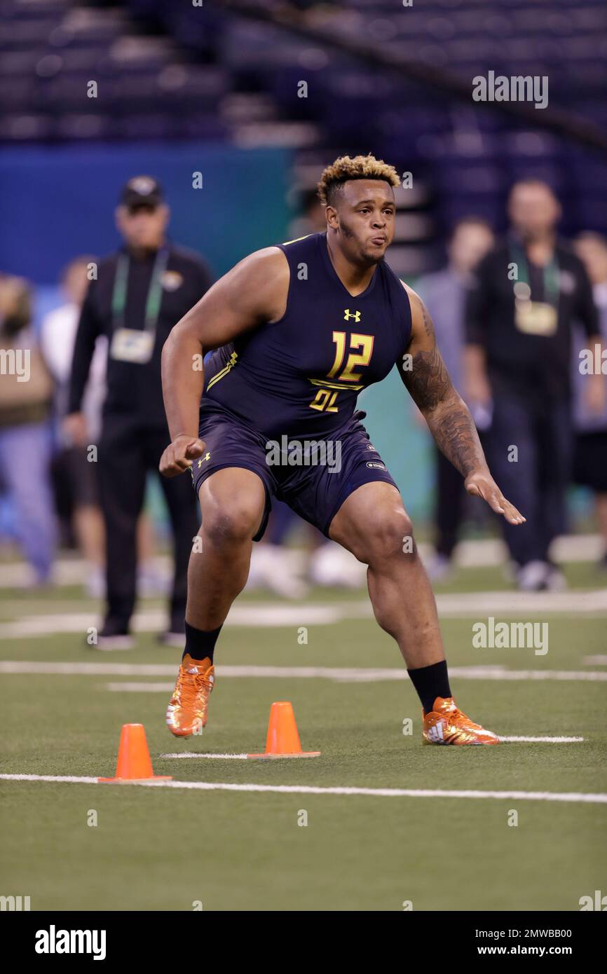 Temple offensive lineman Dion Dawkins runs a drill at the NFL football ...