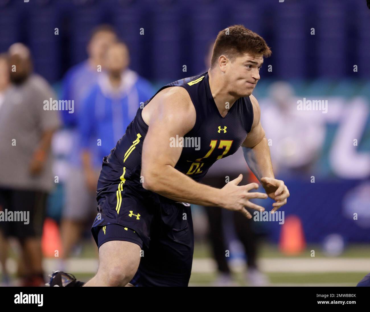 Indiana offensive lineman Dan Feeney runs a drill at the NFL football ...