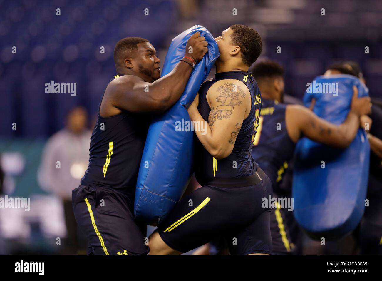 Indiana (Pennsylvania) offensive lineman Ethan Cooper runs a drill at ...