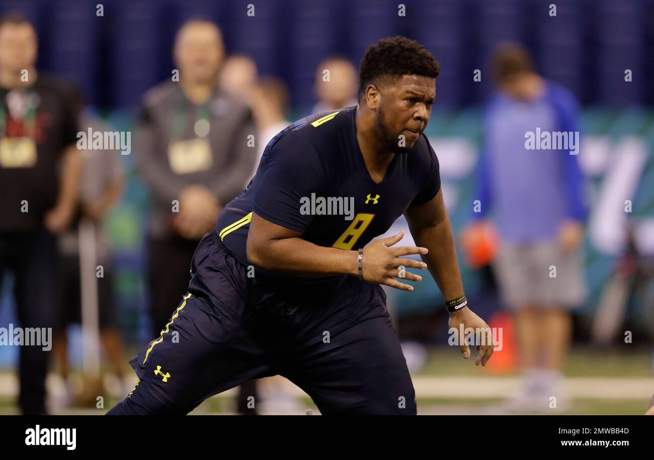 Miami of Ohio offensive lineman Collin Buchanan runs a drill at the NFL ...