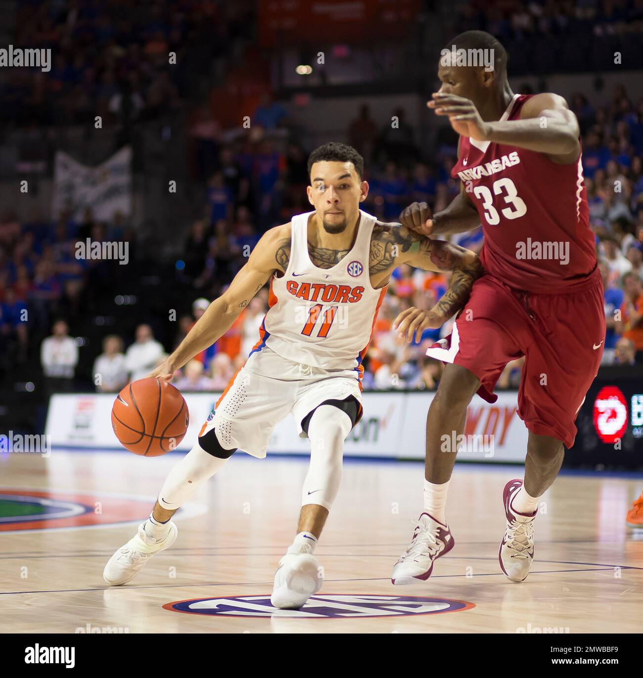 Florida guard Chris Chiozza (11) dribbles in the lane around Arkansas ...