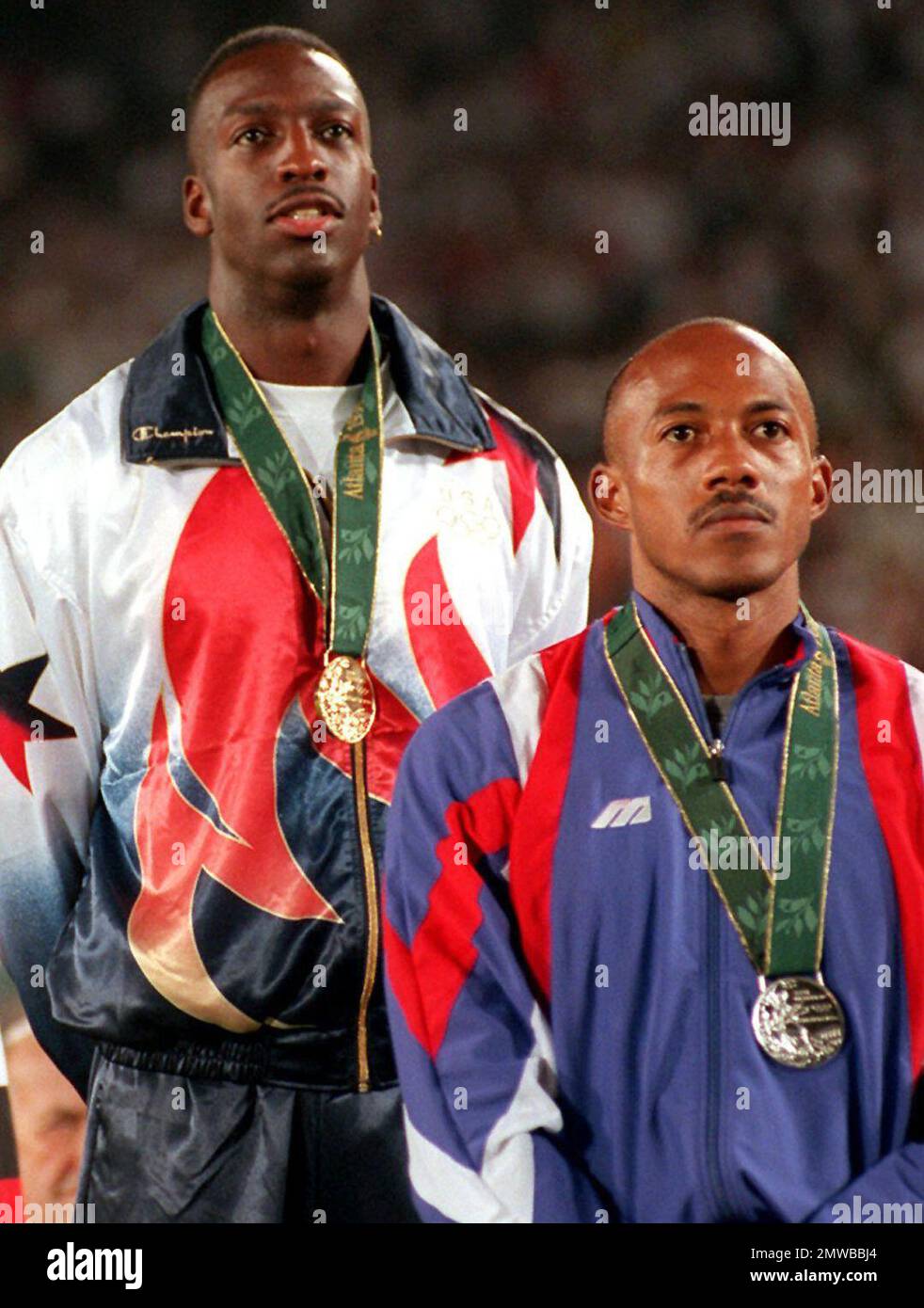 FILE - This is a Thursday Aug. 1, 1996 file photo of Frankie Fredericks of Namibia, right ...