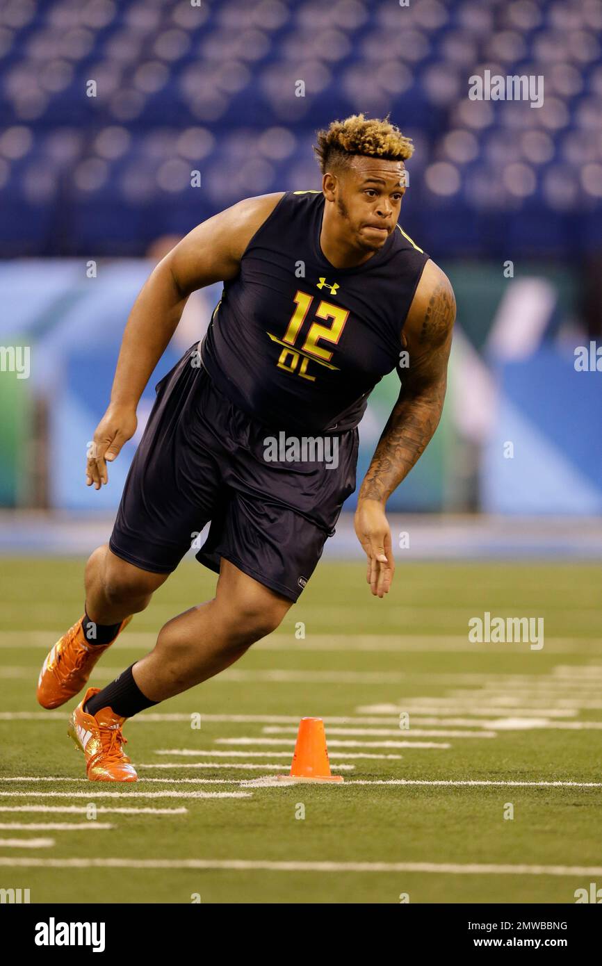 Temple offensive lineman Dion Dawkins runs a drill at the NFL football ...