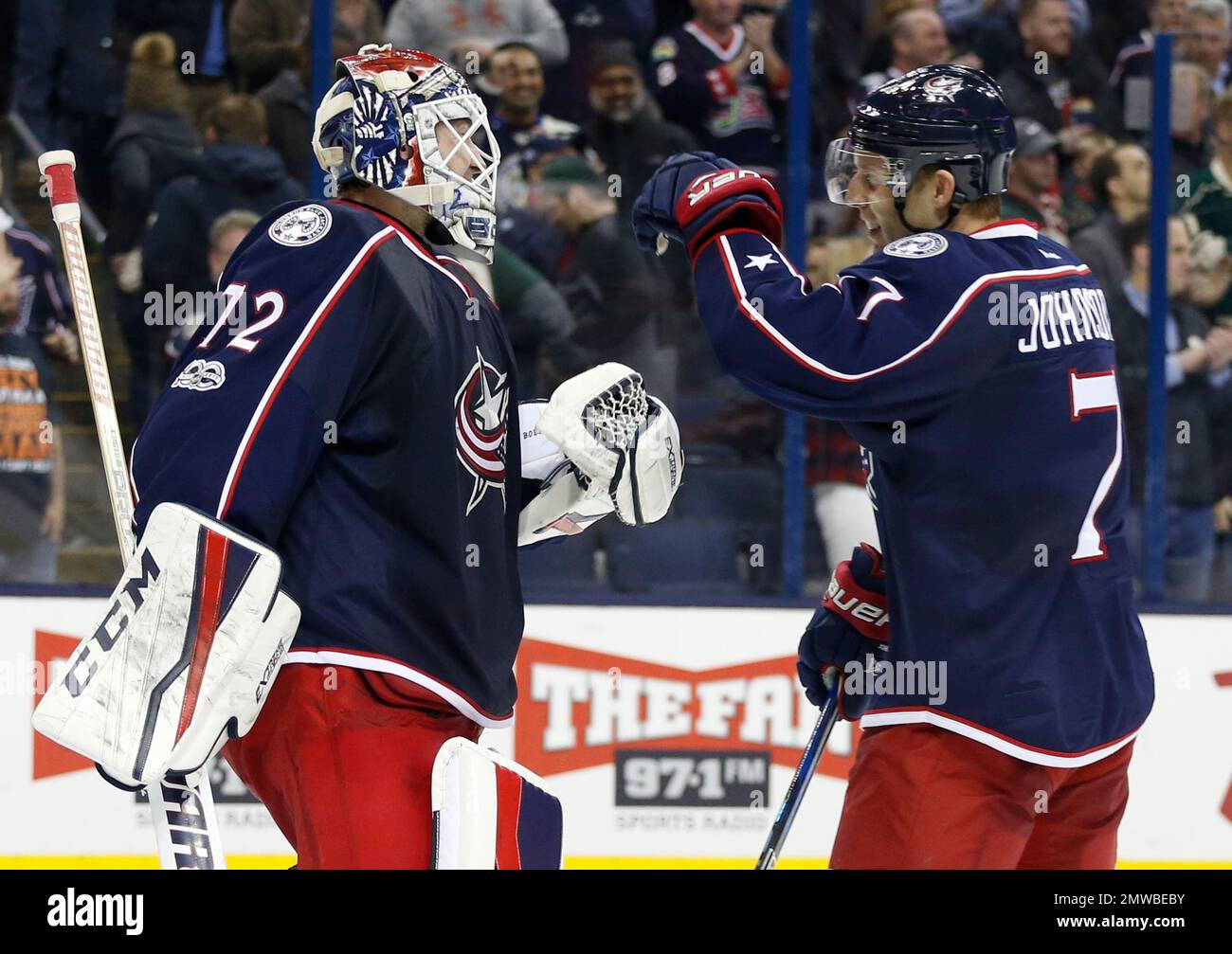Columbus Blue Jackets' Sergei Bobrovsky, left, of Russia, celebrates ...