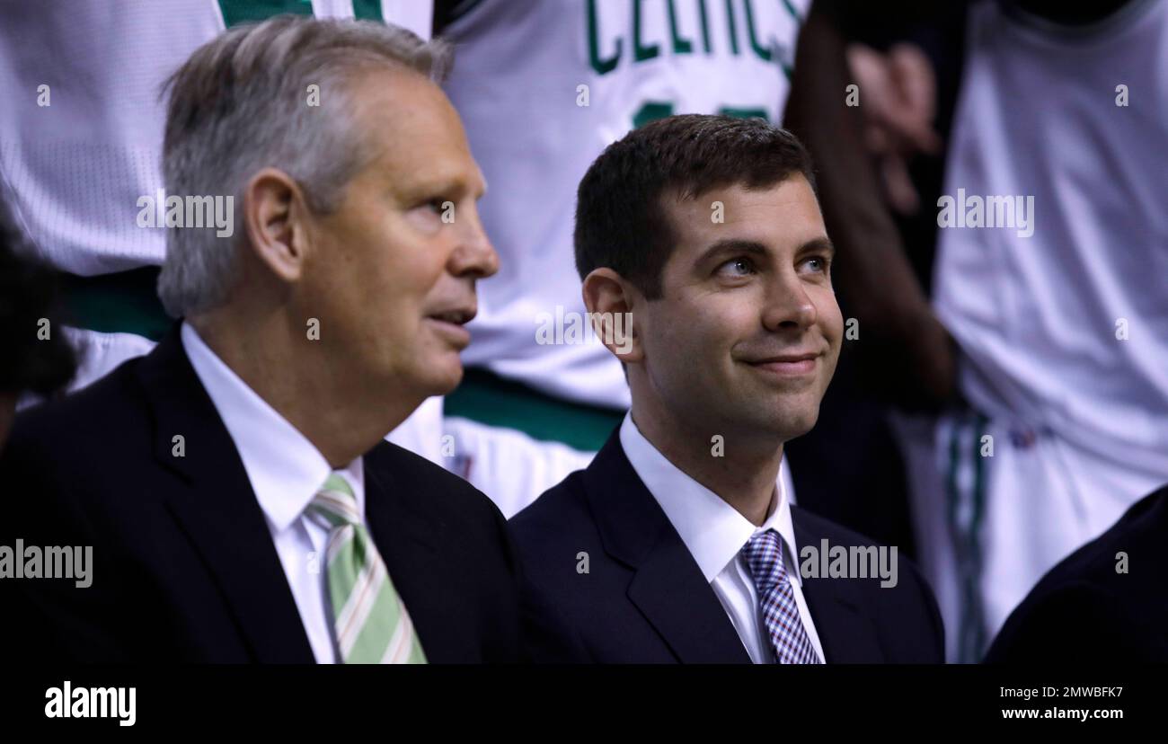 Boston Celtics head coach Brad Stevens, right, sits with general ...