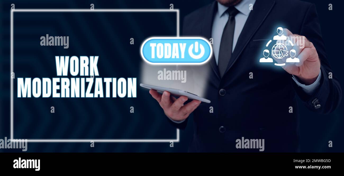 Text caption presenting Work Modernization. Business overview changing product service and ...