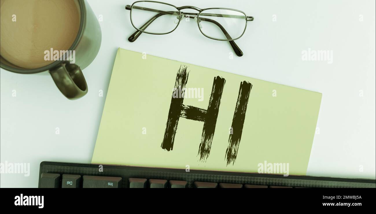 Hand writing sign Hi. Business concept used as a greeting or to begin a ...