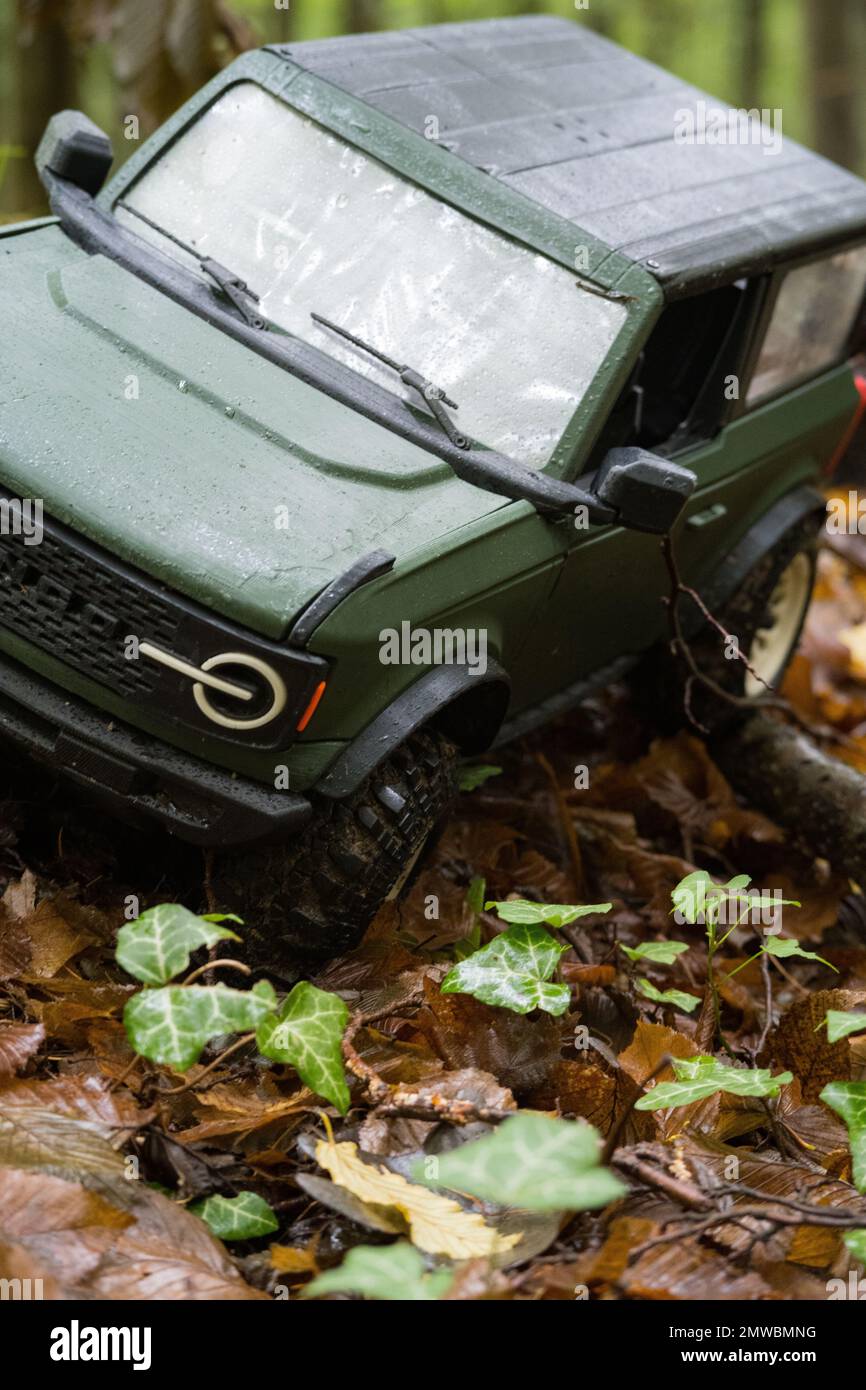 A vertical shot of a 3D-printed Ford Bronco RC car model in a lush ...