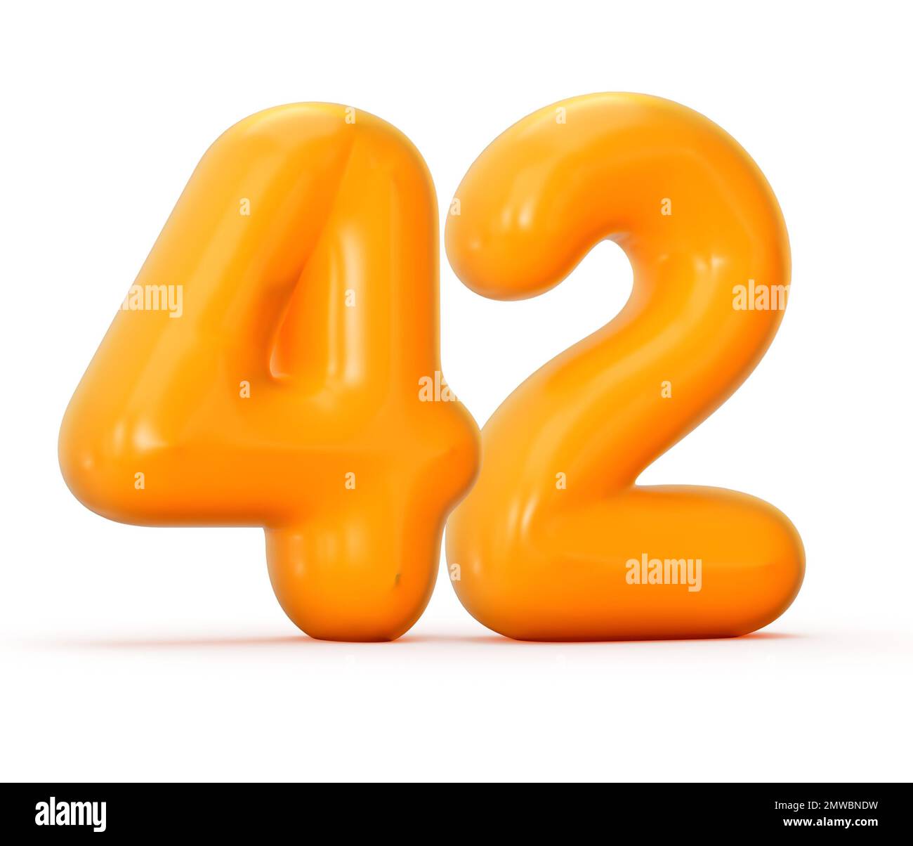 A 3d rendering of a glossy orange jelly number 42 on a white background ...
