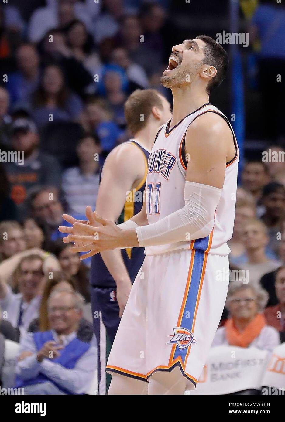 Oklahoma City Thunder center Enes Kanter (11) reacts after missing a ...