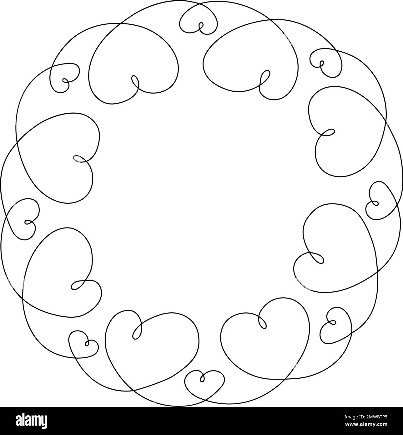 Abstract round frame made of hearts in one continuous line. Line art ...