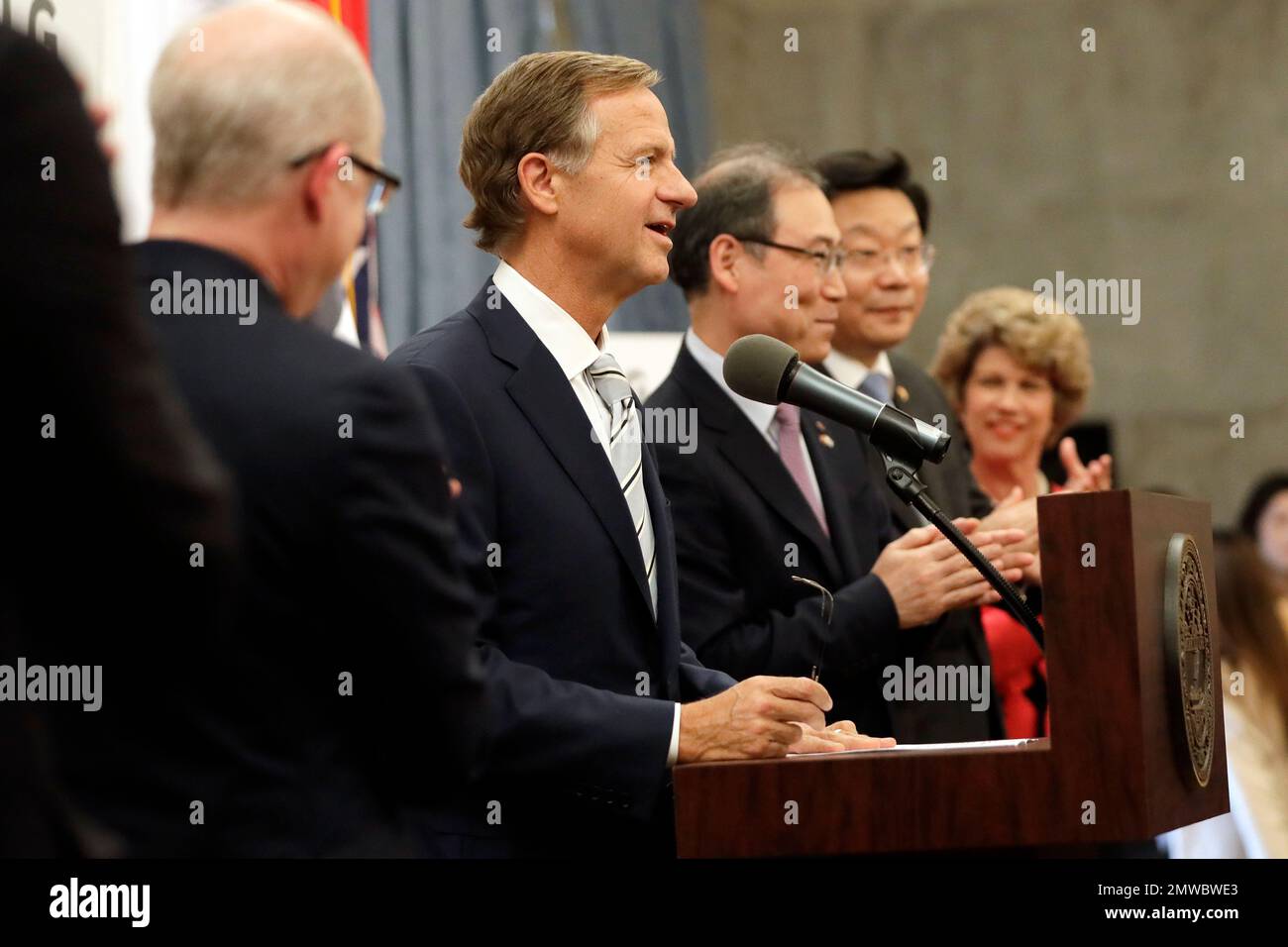 Tennessee Gov. Bill Haslam, second from left, is introduced at an ...