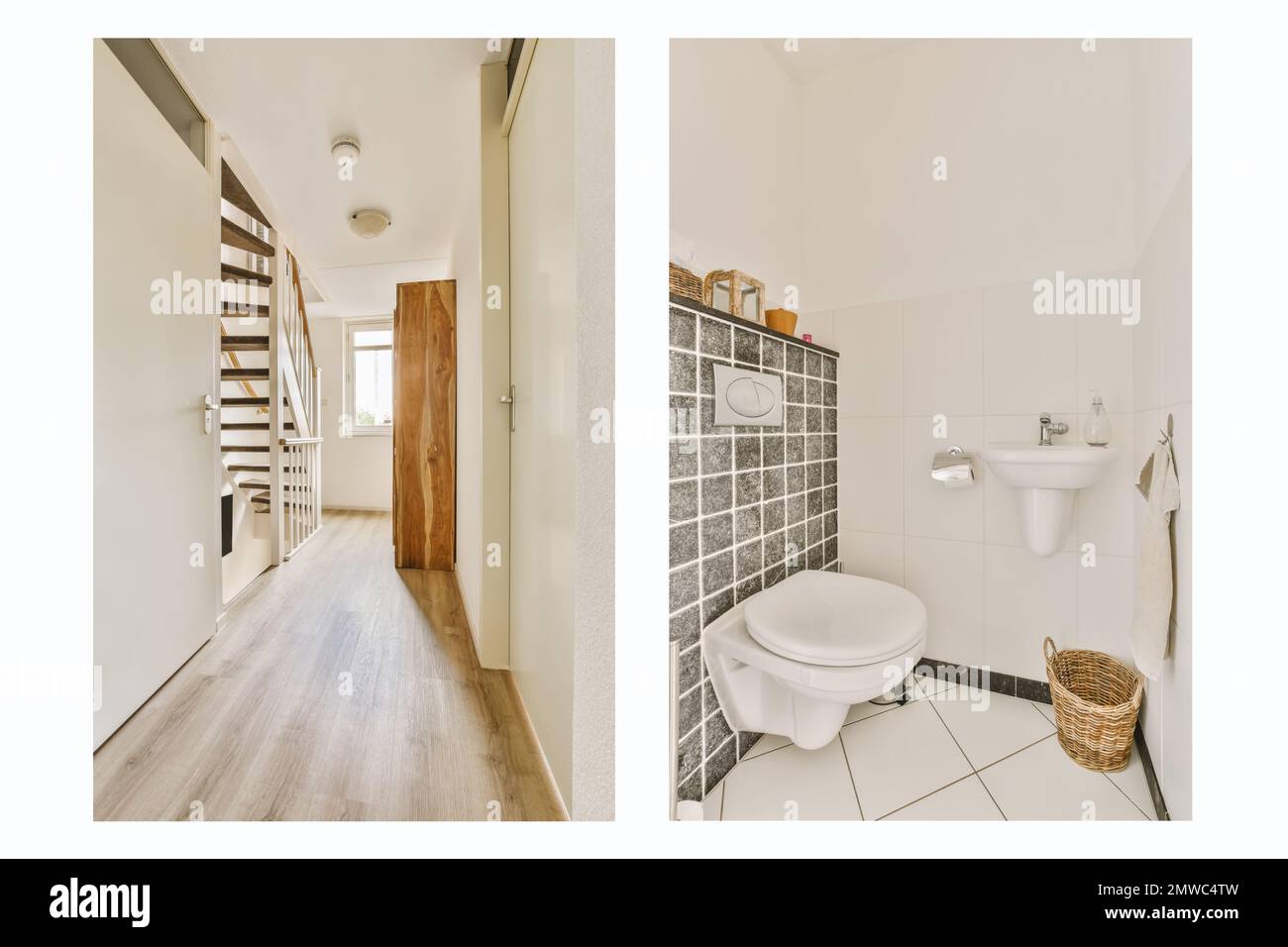 a bathroom with wood flooring and white walls, two pictures show the ...