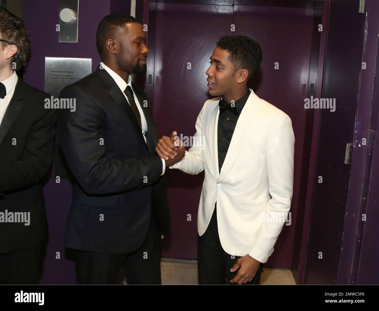 Trevante Rhodes, left, and Jharrel Jerome pose backstage at the Oscars ...