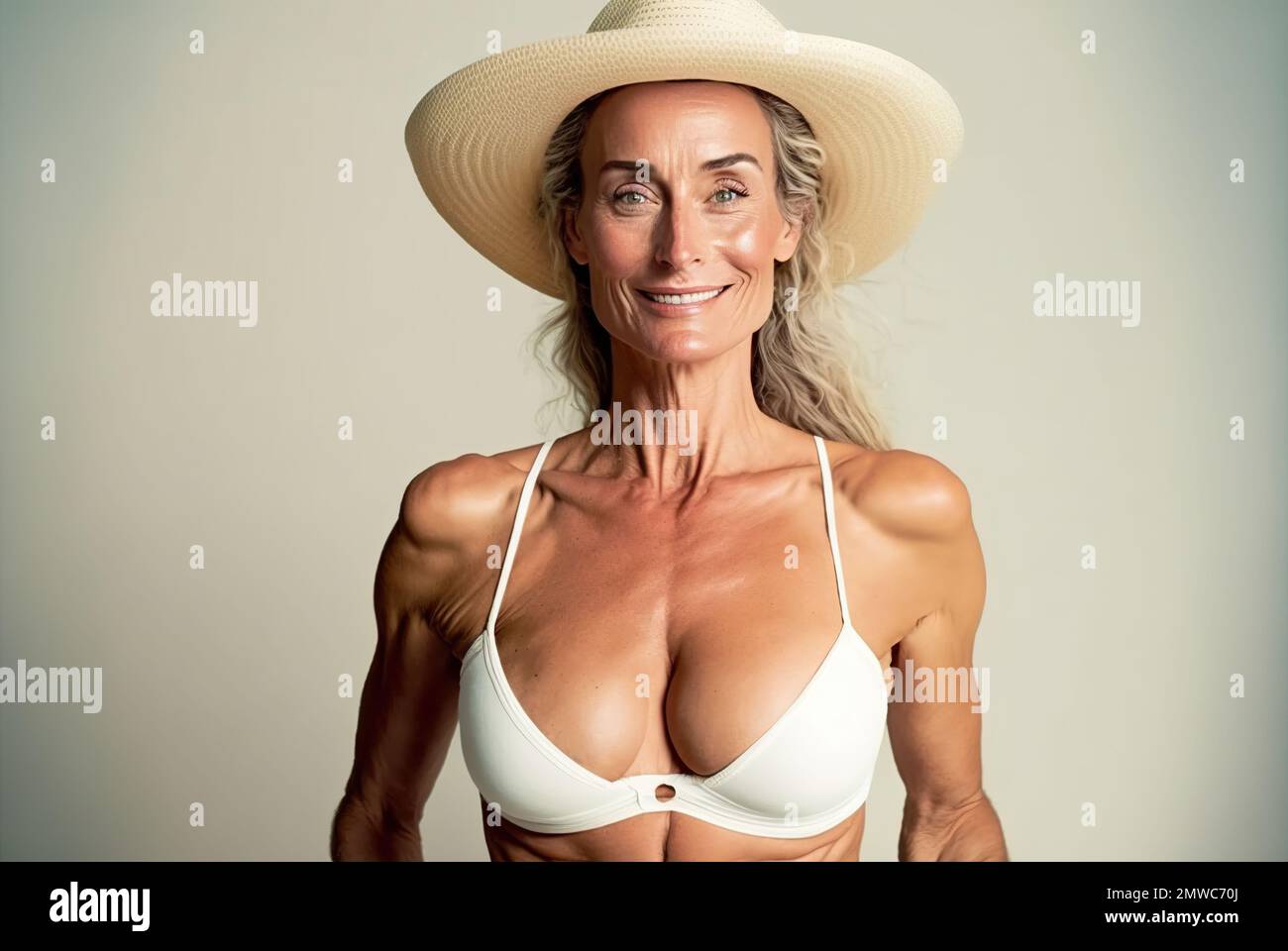 Attractive 65 year old senior woman, making up and posing, isolated on studio background Stock ...