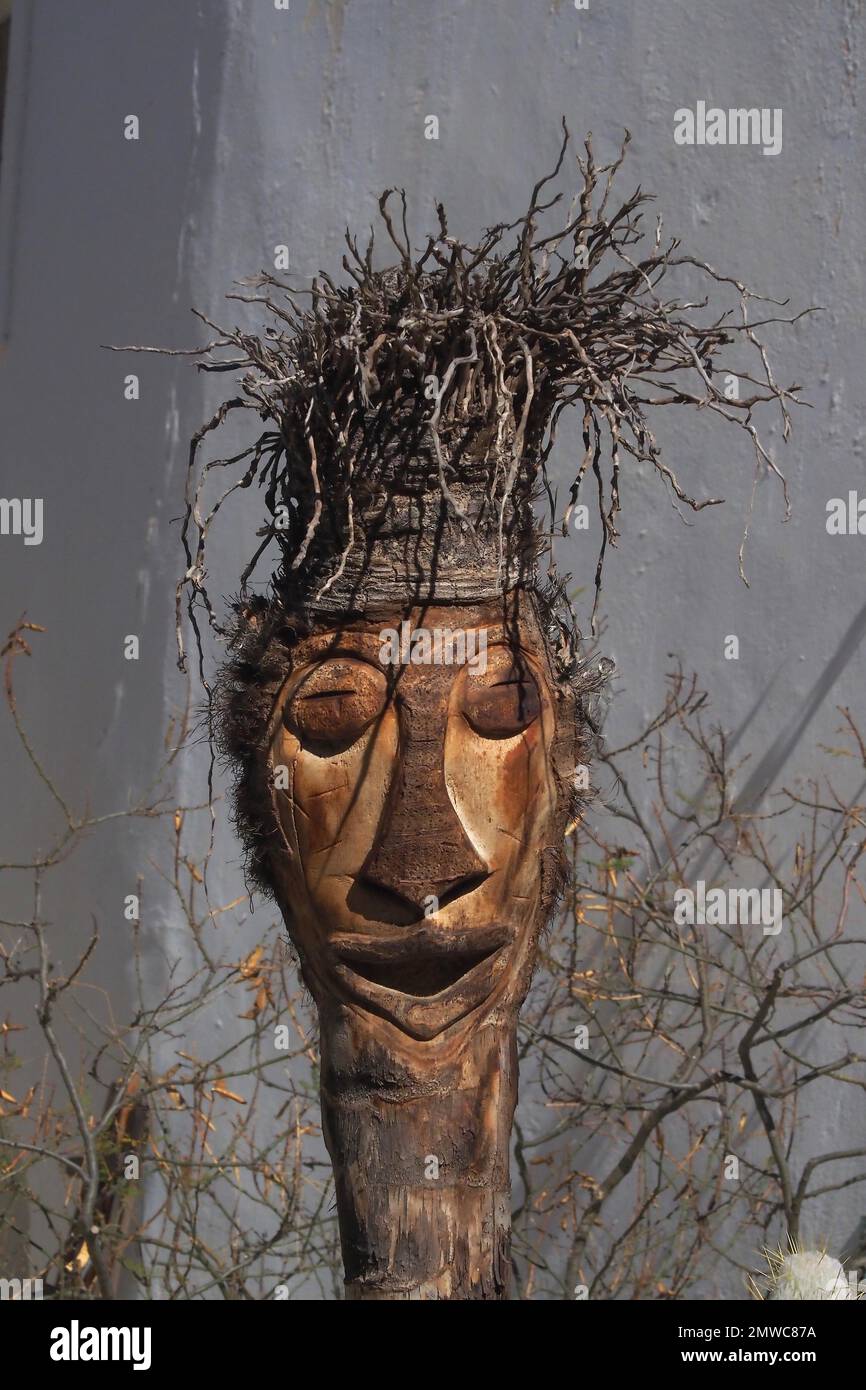 Carved head from branch of a palm tree, carved face from palm frond ...