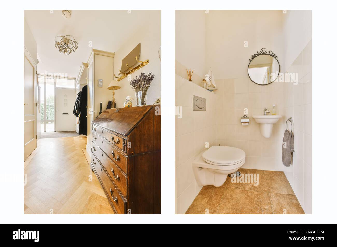 a bathroom with wood flooring and white walls, two pictures of the same ...