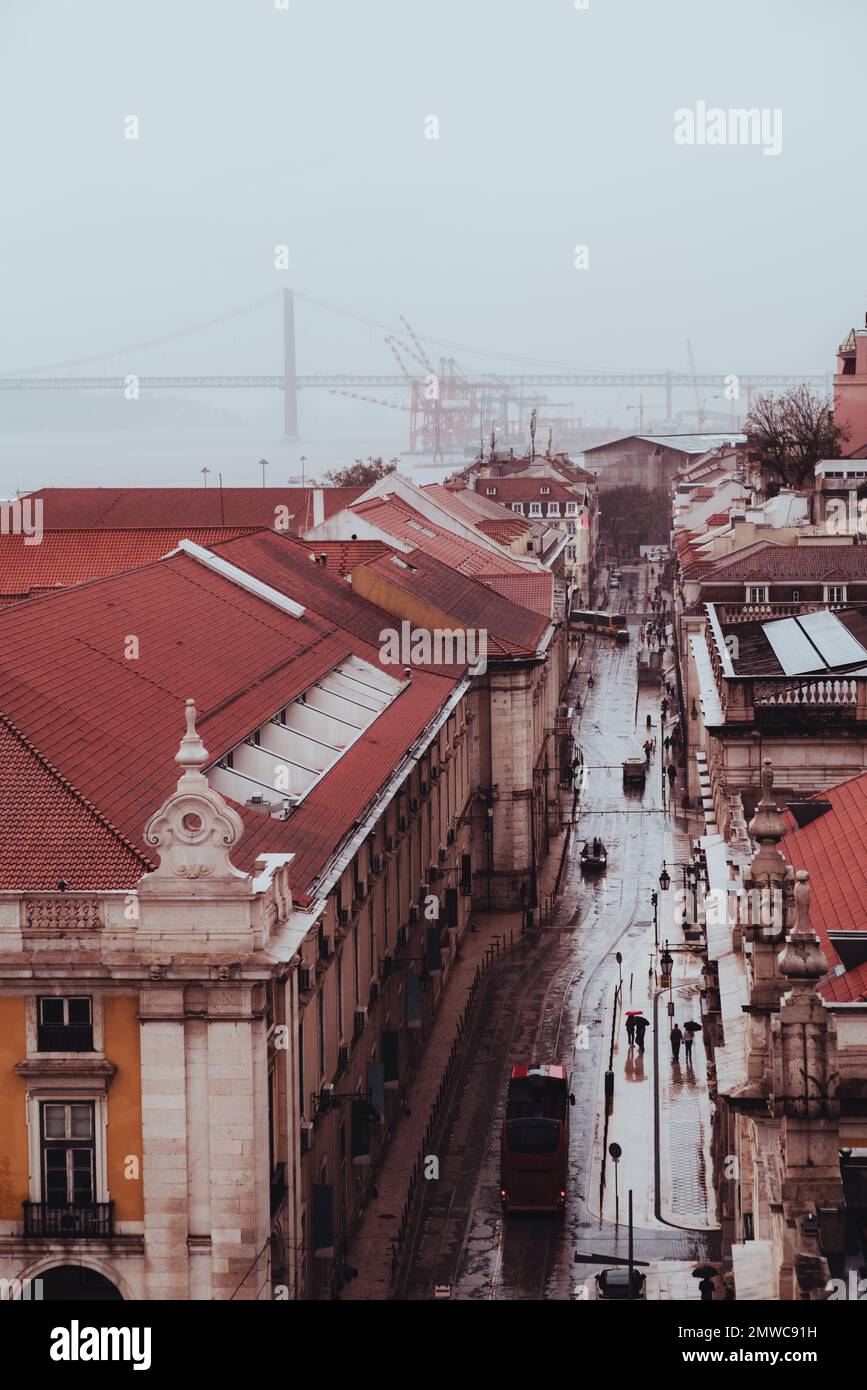 A vertical dull view of Lisbon, the 25th of April Bridge half hidden by ...