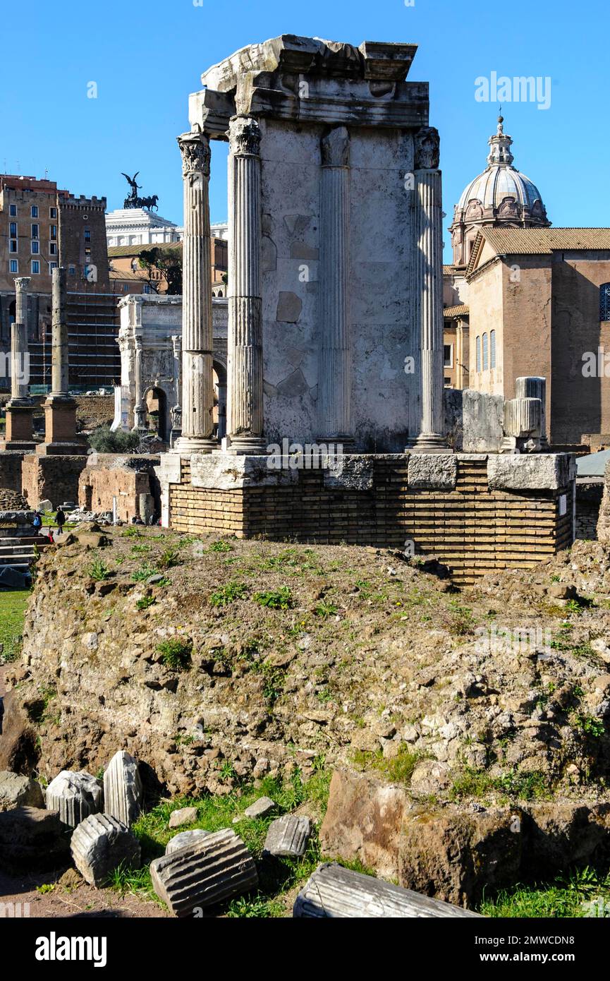 Partially restored historic cella of Temple of the Vesta on brick ...