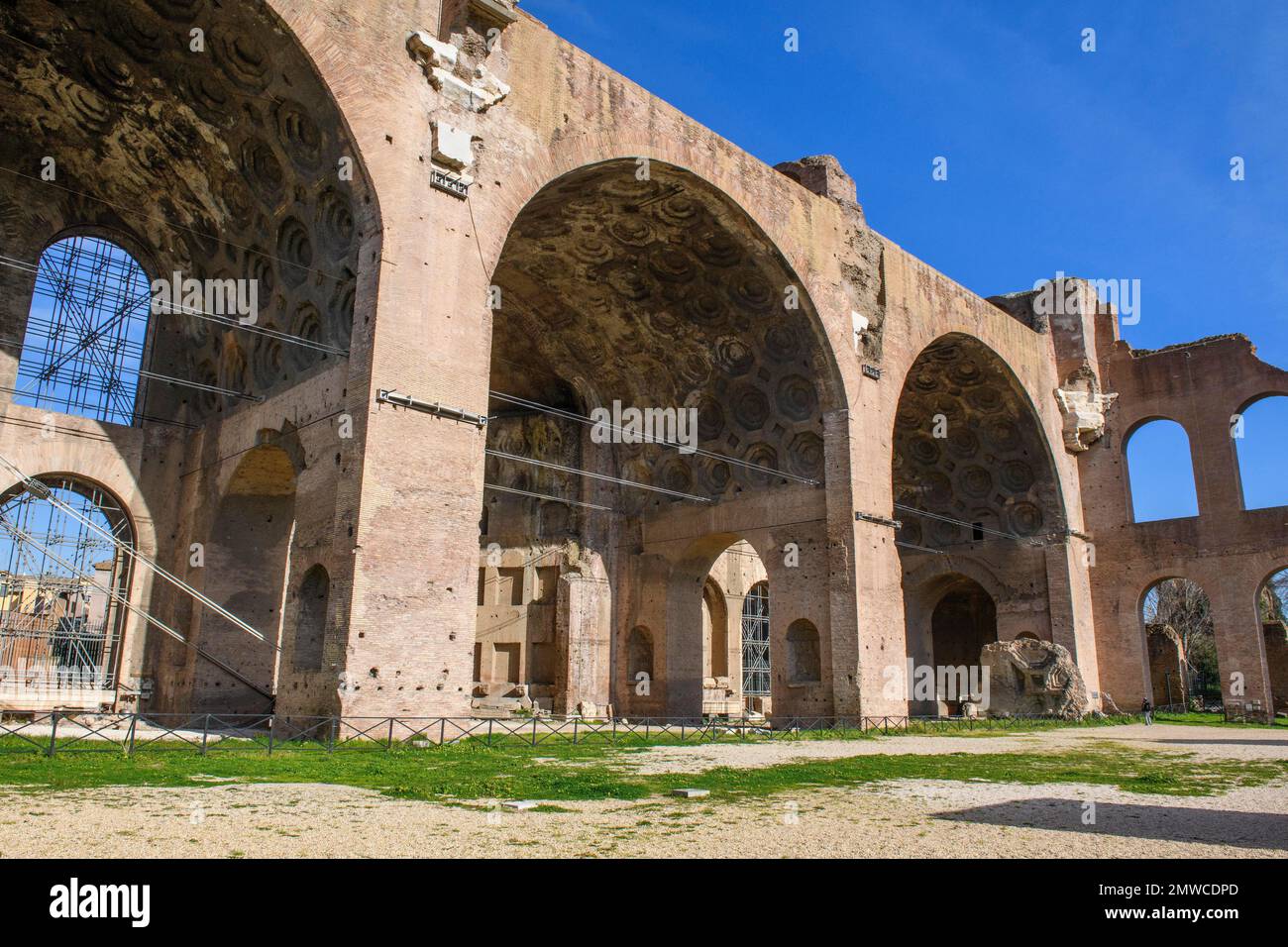 View of brick coffered ceiling in ruins of remaining side aisle of ...