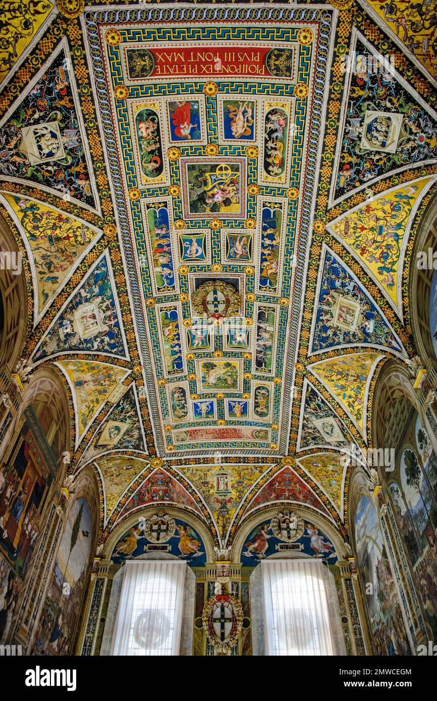 Interior of Piccolomini Library, ceiling vault and walls with frescoes ...