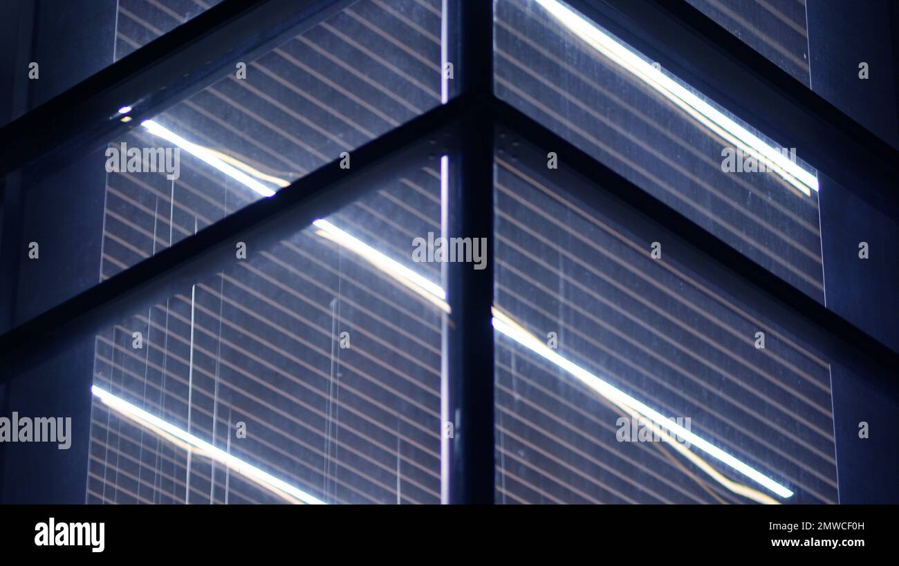 Skyscraper lobby in business district. Big glass windows in commercial ...