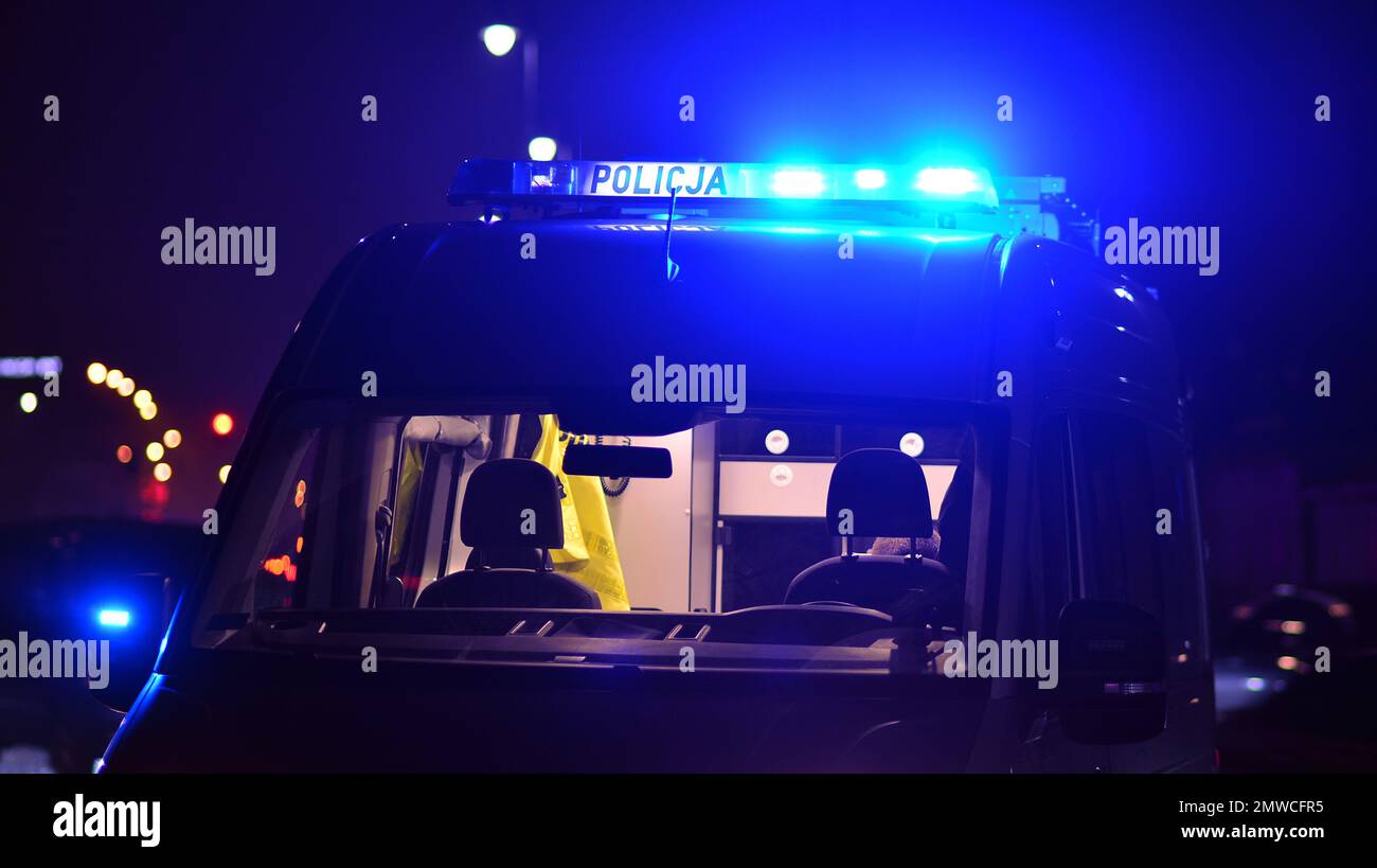 Police car lights at night city street. Blue lights. Evening patrolling ...