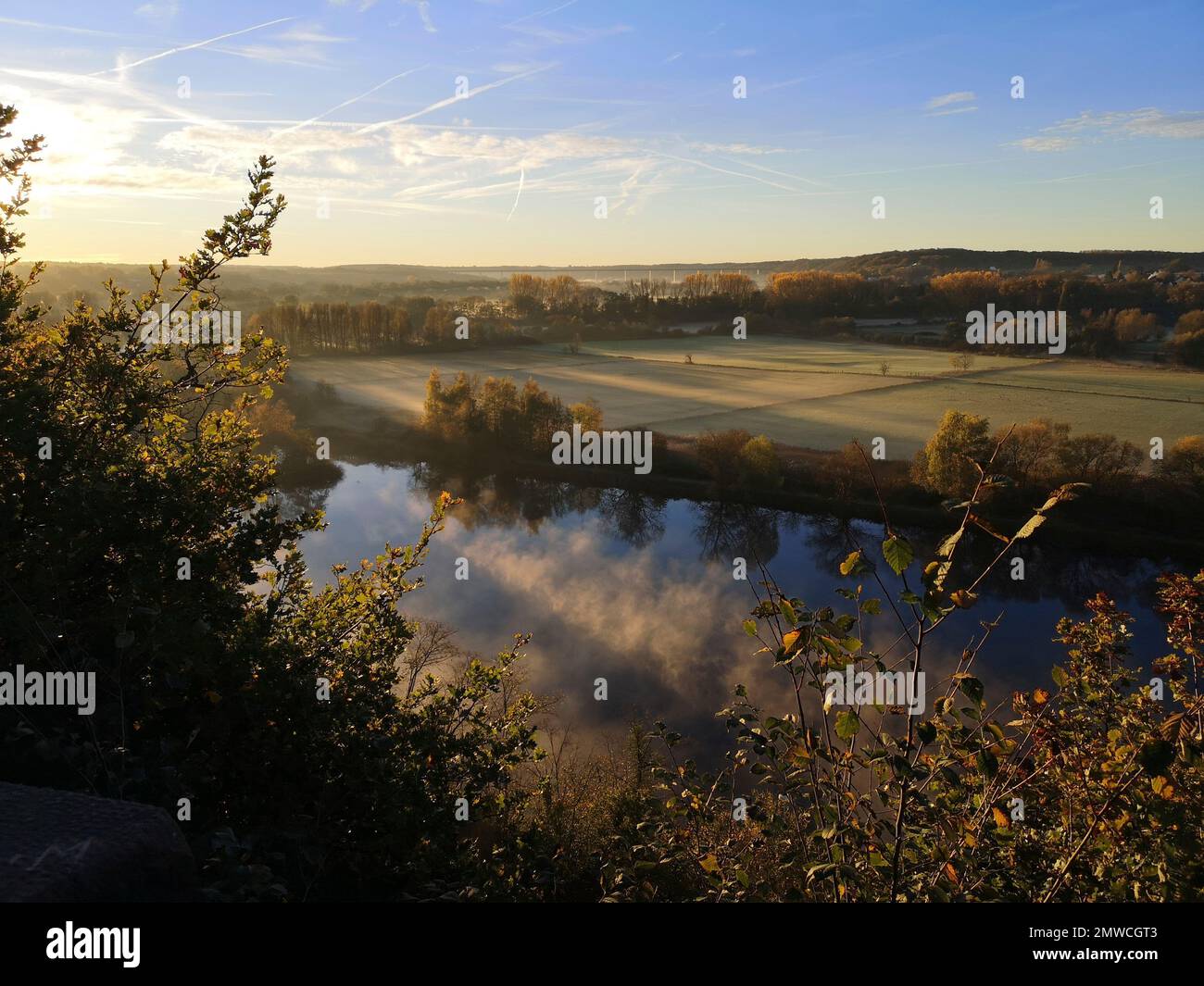 The valley of the Ruhr in Mulheim in the morning sun and a beautiful ...