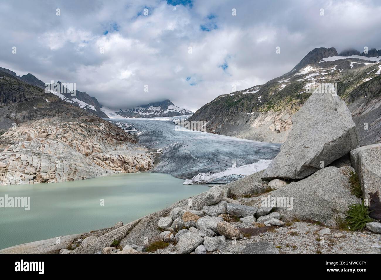 Alpine landscape with Rhone glacier and Rhone spring, Oberwald, Valais ...