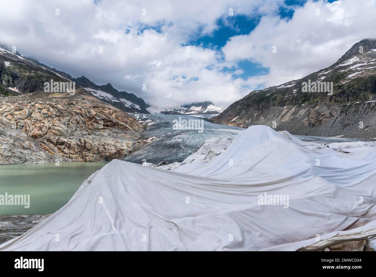 Alpine landscape with Rhone glacier and Rhone spring, the glacier is ...
