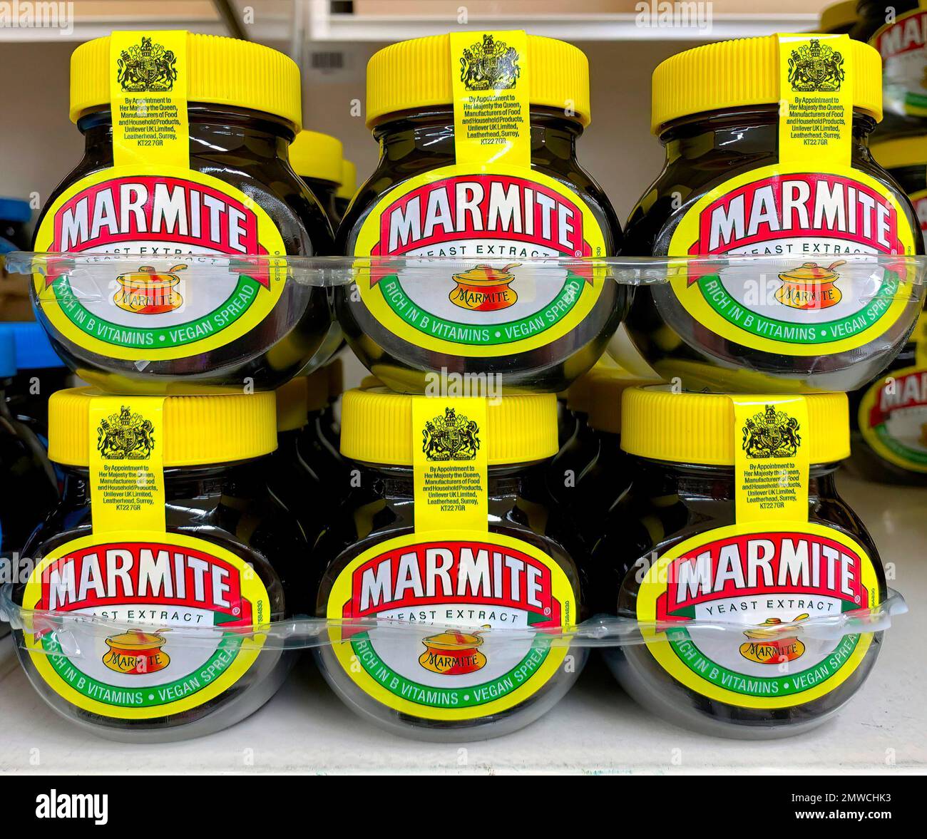 Some Jars of Marmite yeast extract spread in a clear plastic tray for ...