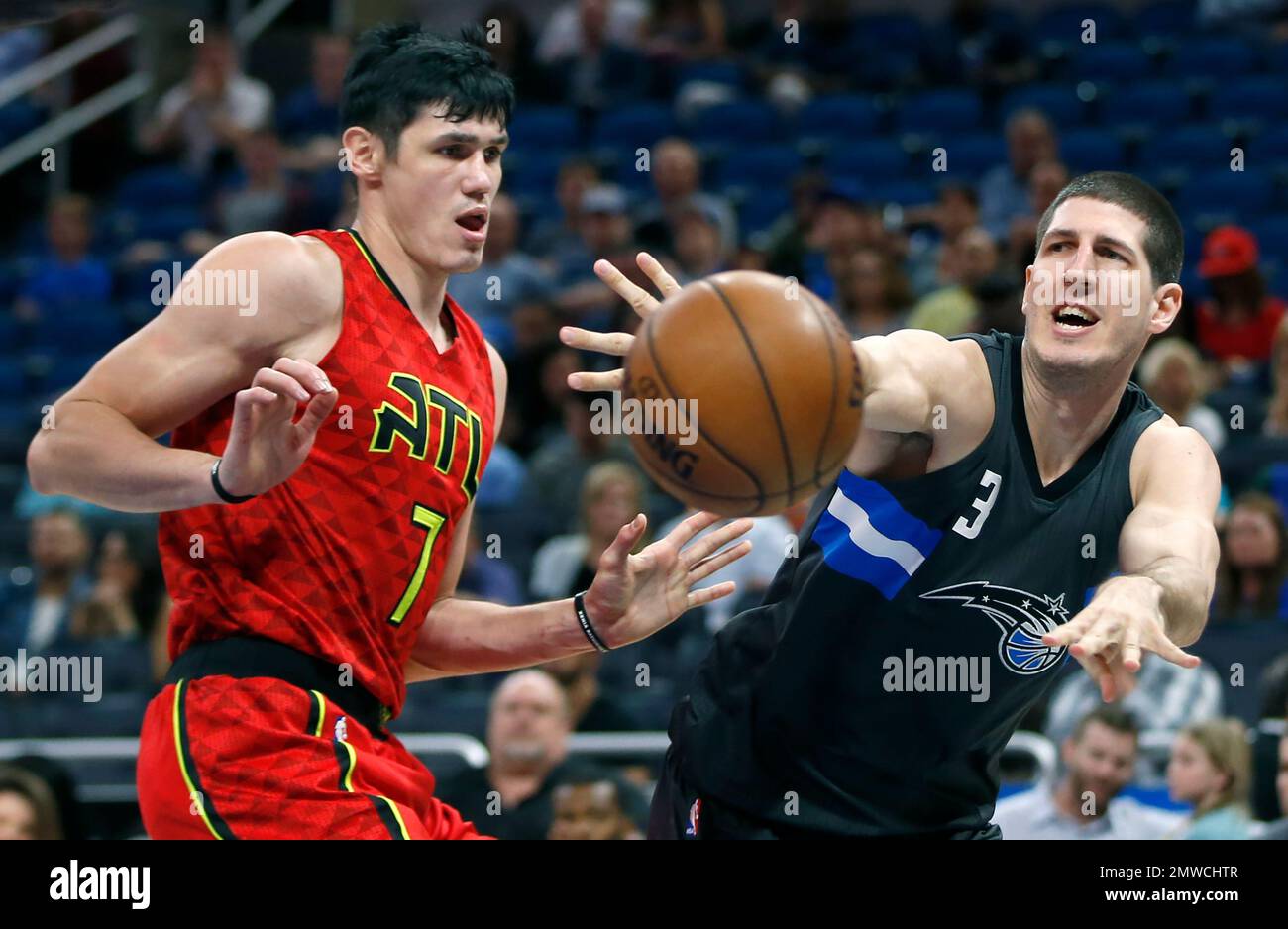 Orlando Magic forward Damjan Rudez (3) passes in front of Atlanta Hawks ...