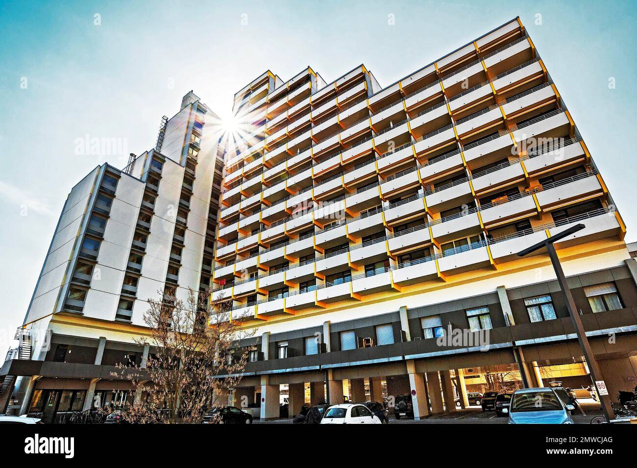 High-rise building with concrete balconies, Munich, Bavaria, Germany ...