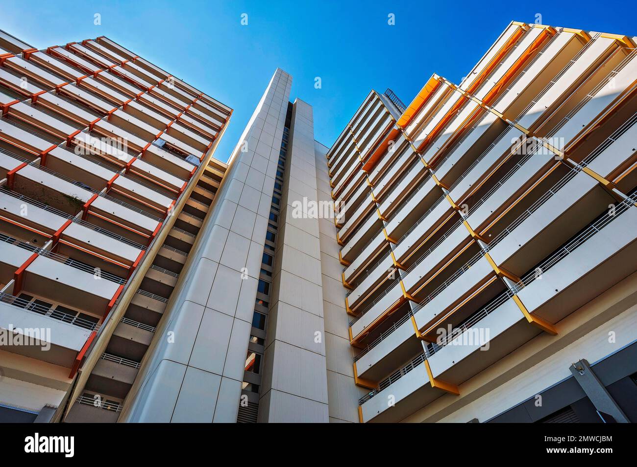 High-rise building with concrete balconies, Munich, Bavaria, Germany ...