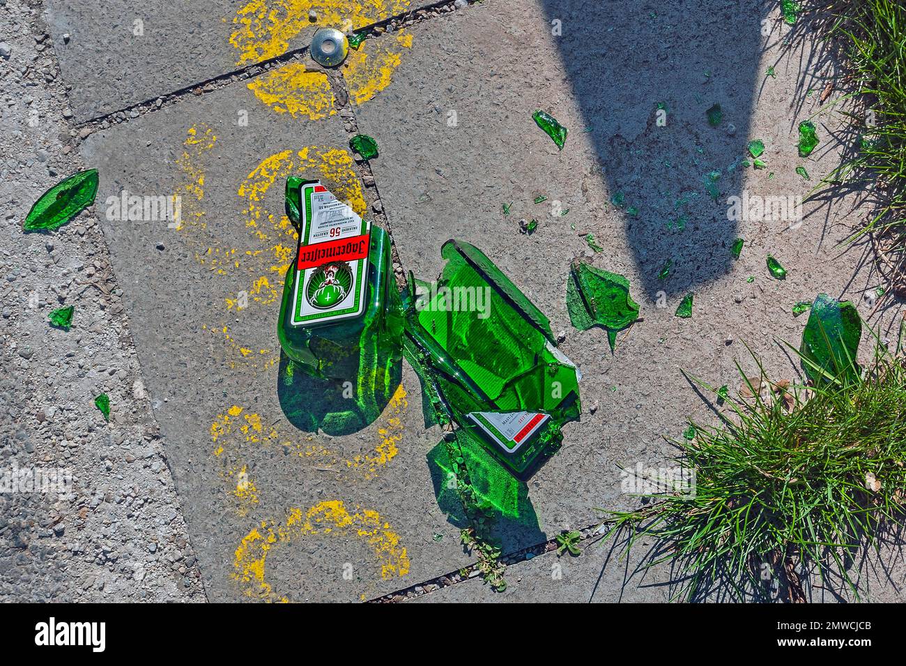 Green glass shards, broken Jaegermeister bottle, Germany Stock Photo ...