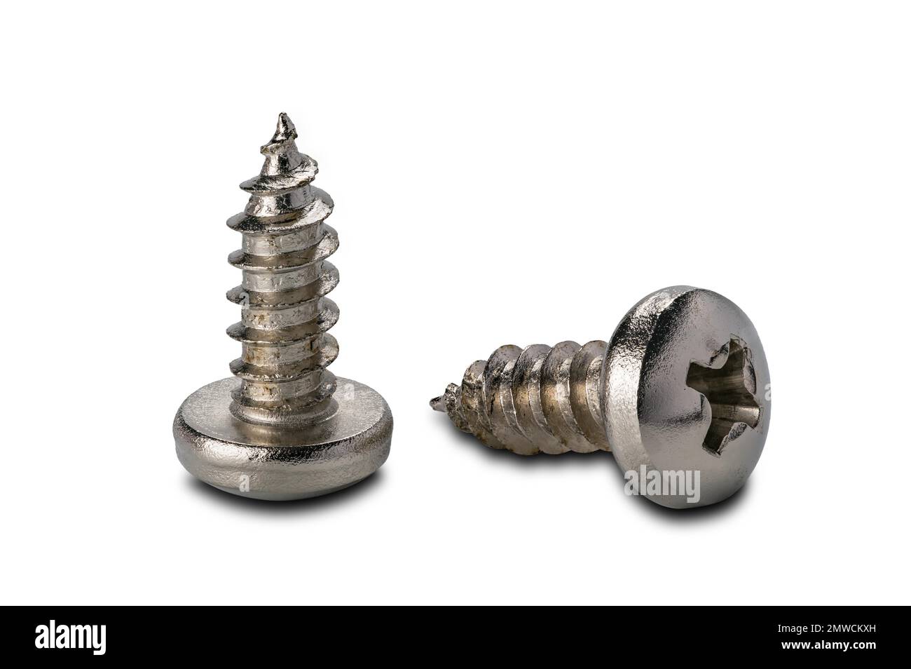Closeup scene of plain screws isolated on white background with ...