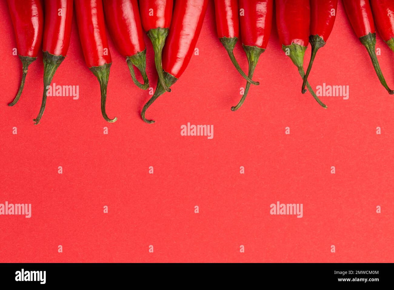 Red hot chilli peppers on minimal red background close up macro flat ...