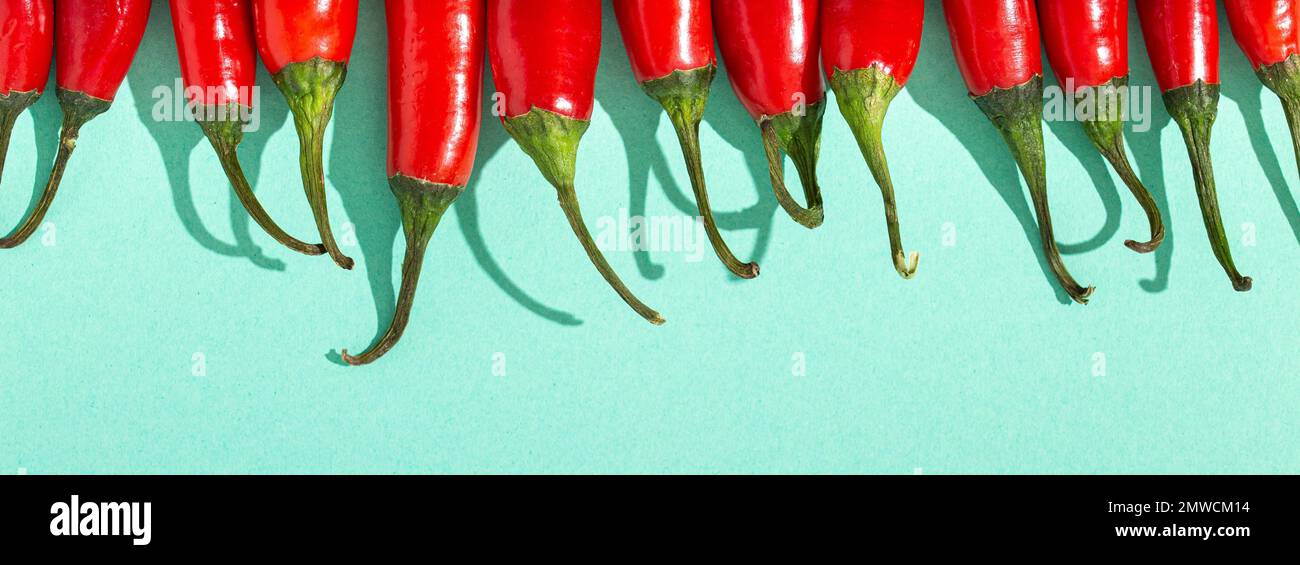 Red hot chilli peppers on minimal blue contrast background close up ...