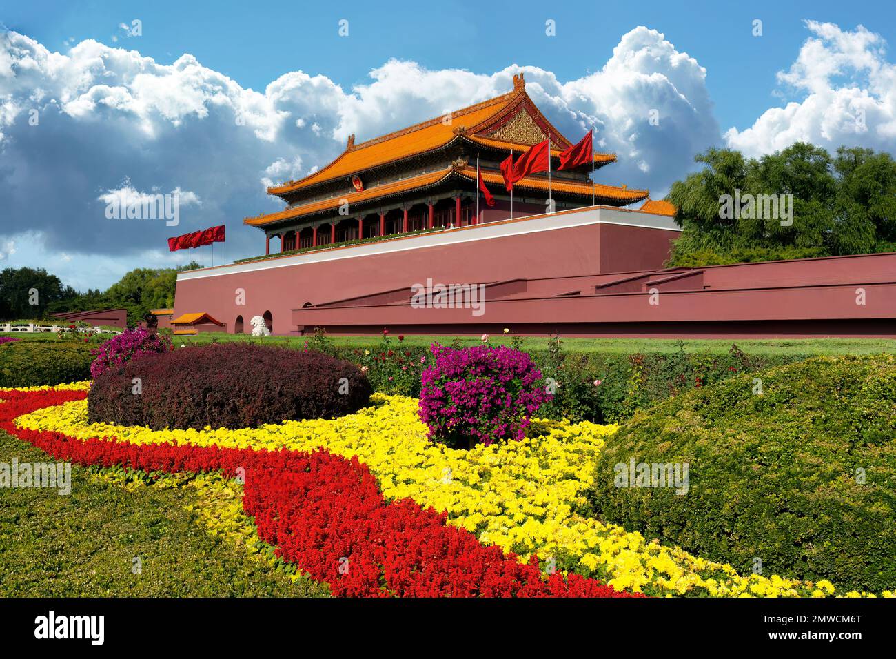 Outside of forbidden city temple of Beijing China with blooming flowers ...
