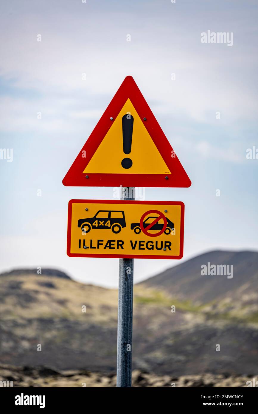 Warning sign, 4x4 cars only, F-Road, Iceland Stock Photo - Alamy