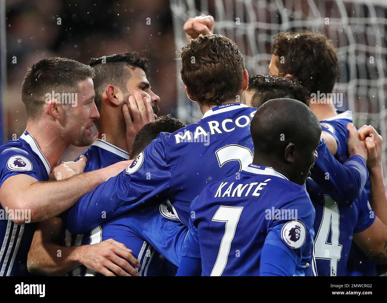 Chelsea players celebrate the goal of Chelsea's Diego Costa, second ...