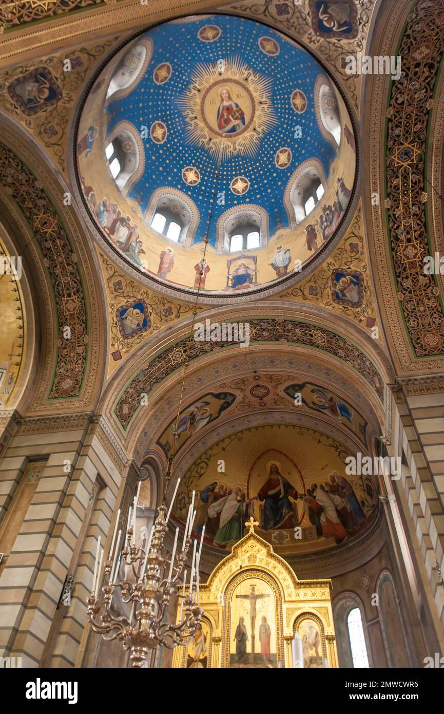 Interior, altar, apse and blue dome with Christ Pantocrator, Serbian Orthodox Church of San ...