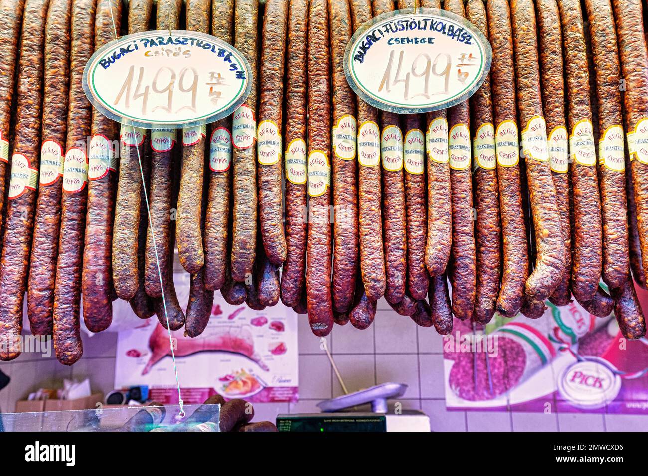 Traditional Hungarian salami, speciality Kolbasz or Kolbasz at a market ...