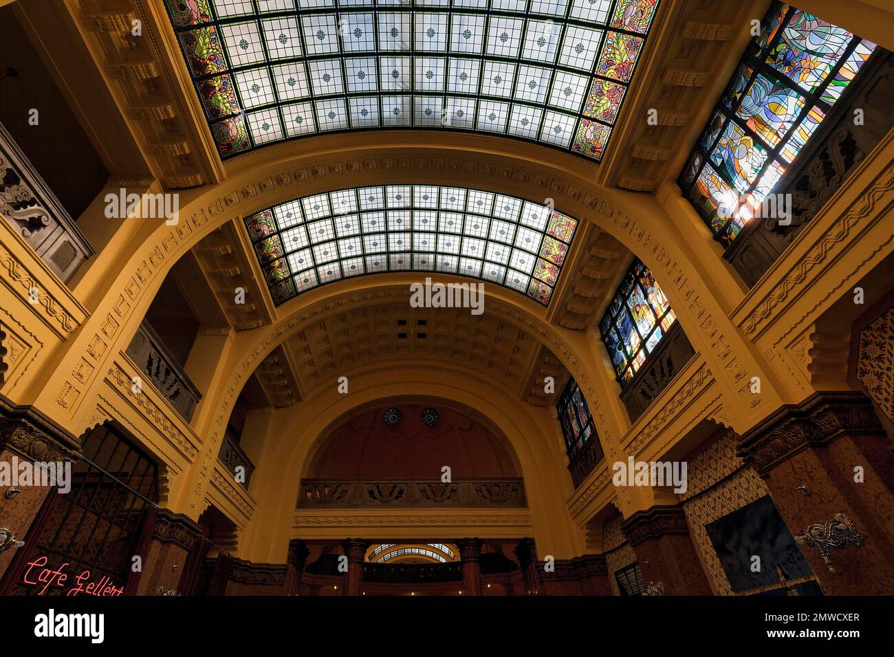 Vaulted ceiling with skylights, Art Nouveau, entrance hall, Gellert ...