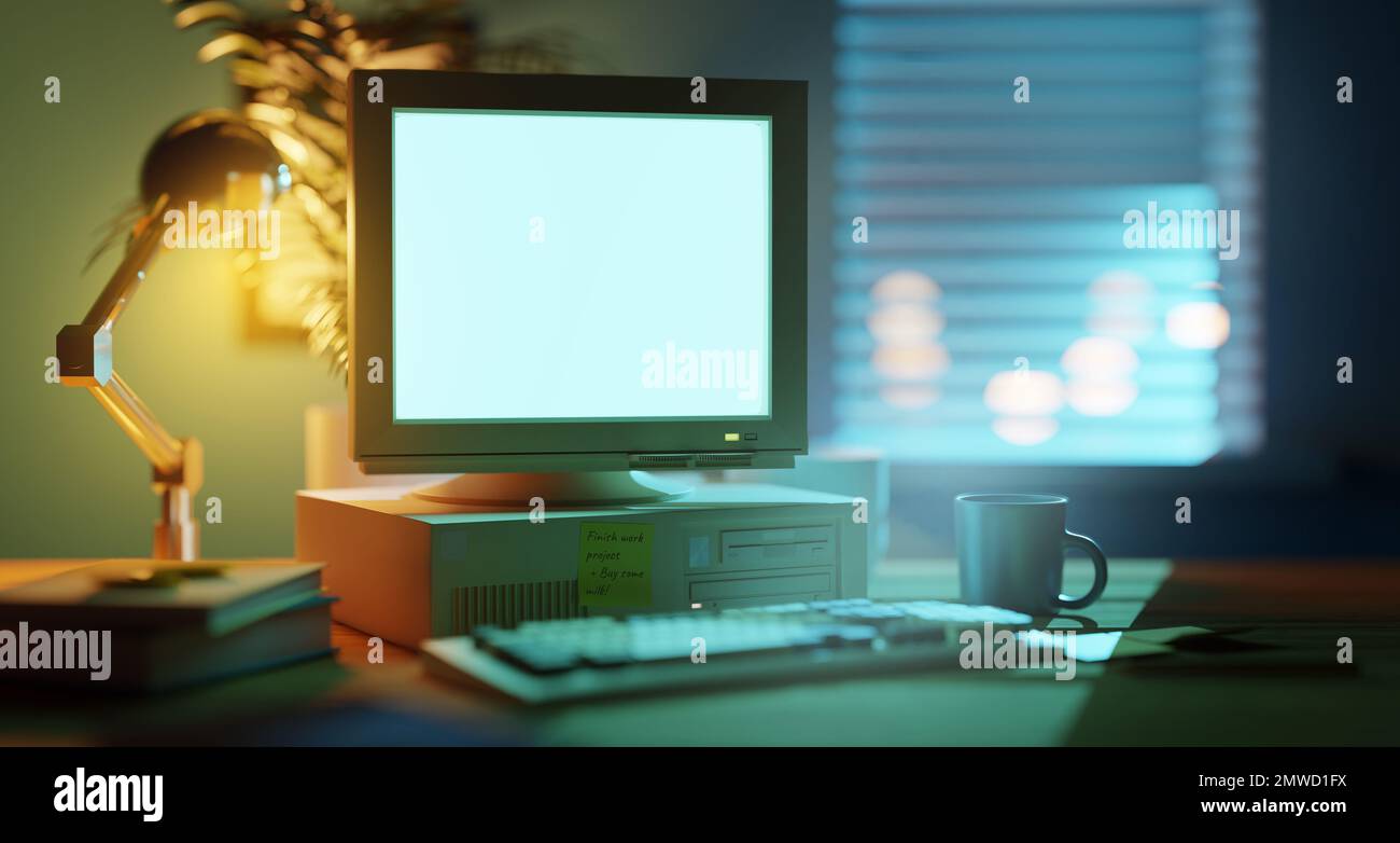 A 90s computer PC and monitor home office setup scene. 3D illustration ...