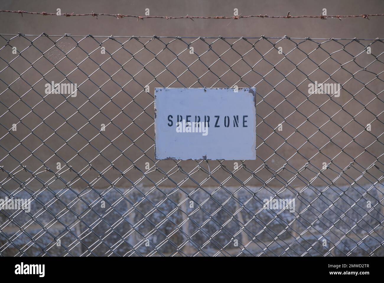 Sign, restricted zone, barbed wire, fence, memorial, Stasi prison ...