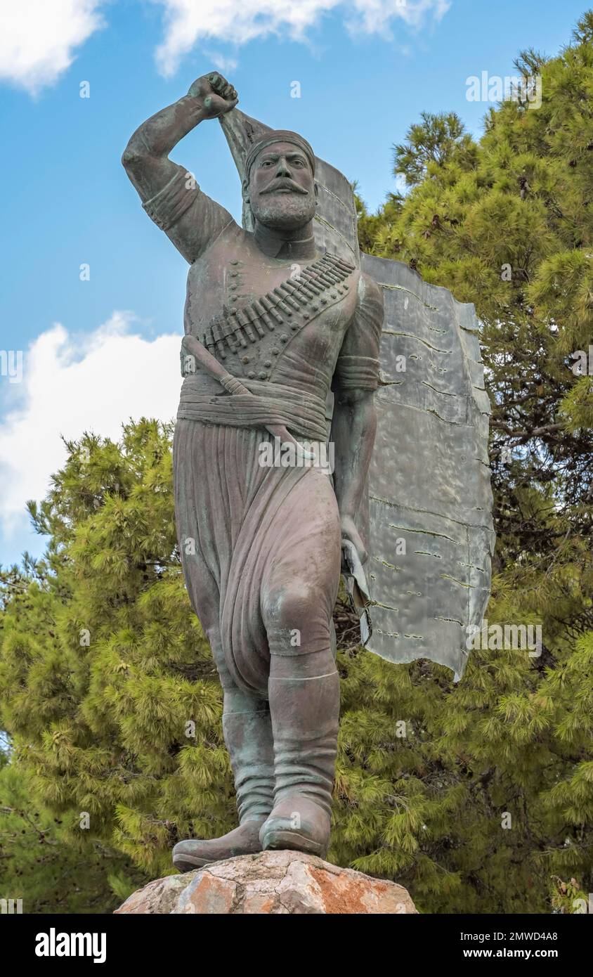 Statue and monument of Spyros Kayales with Greek flag, revolt against ...