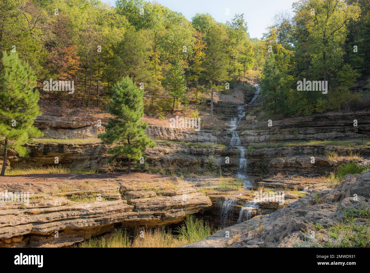 A waterfall located at the top of the Rock in Ridgedale, Missouri Stock ...